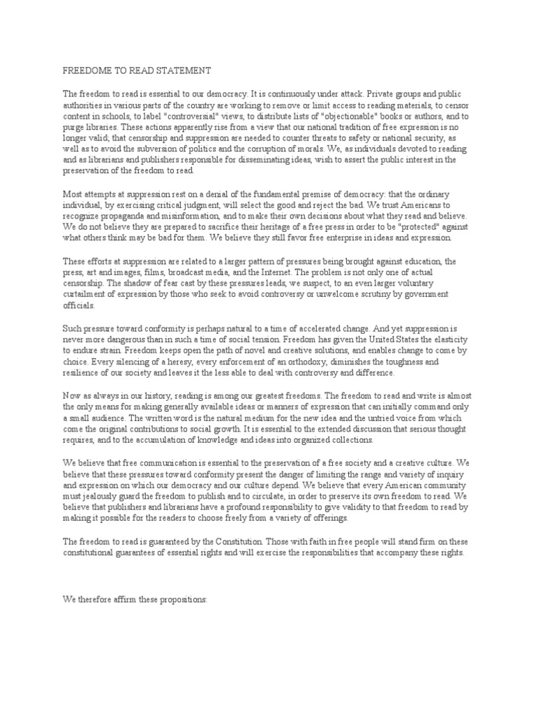 Freedom To Read Statement | PDF | Censorship | Freedom Of Speech