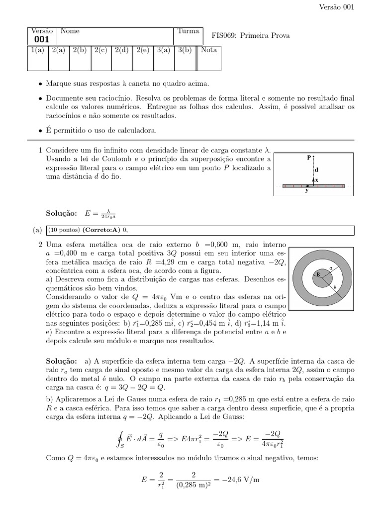 Prova 001 - 2 | PDF | Campo elétrico | Física Aplicada e Interdisciplinar