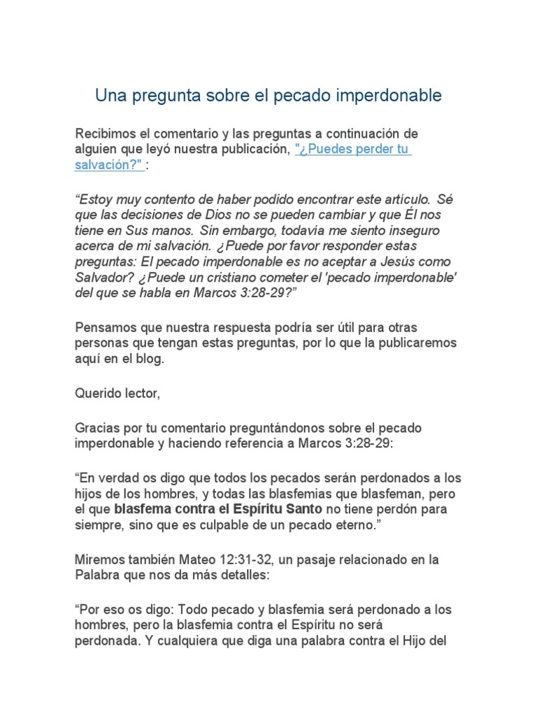 Una Pregunta Sobre El Pecado Imperdonable | PDF | Pecado | Salvación
