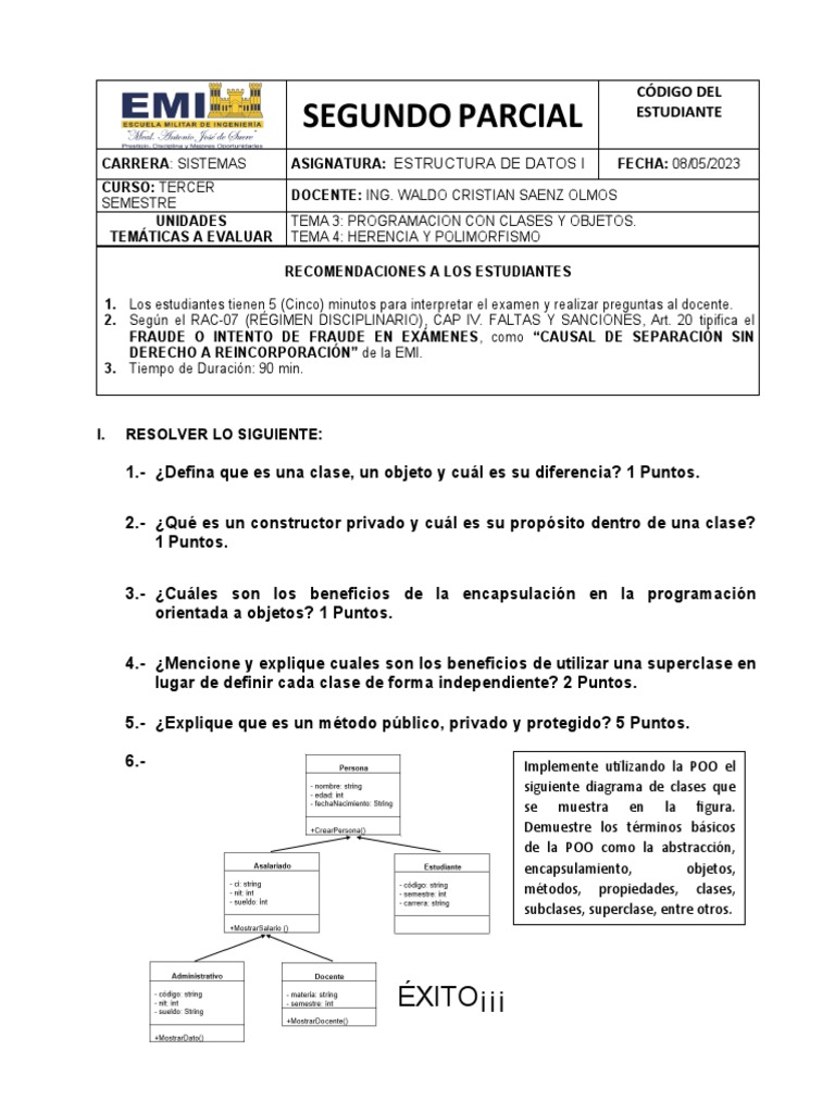 Examen de Estructura de Datos I | PDF | Objeto (informática) | Clase (Programación informática)