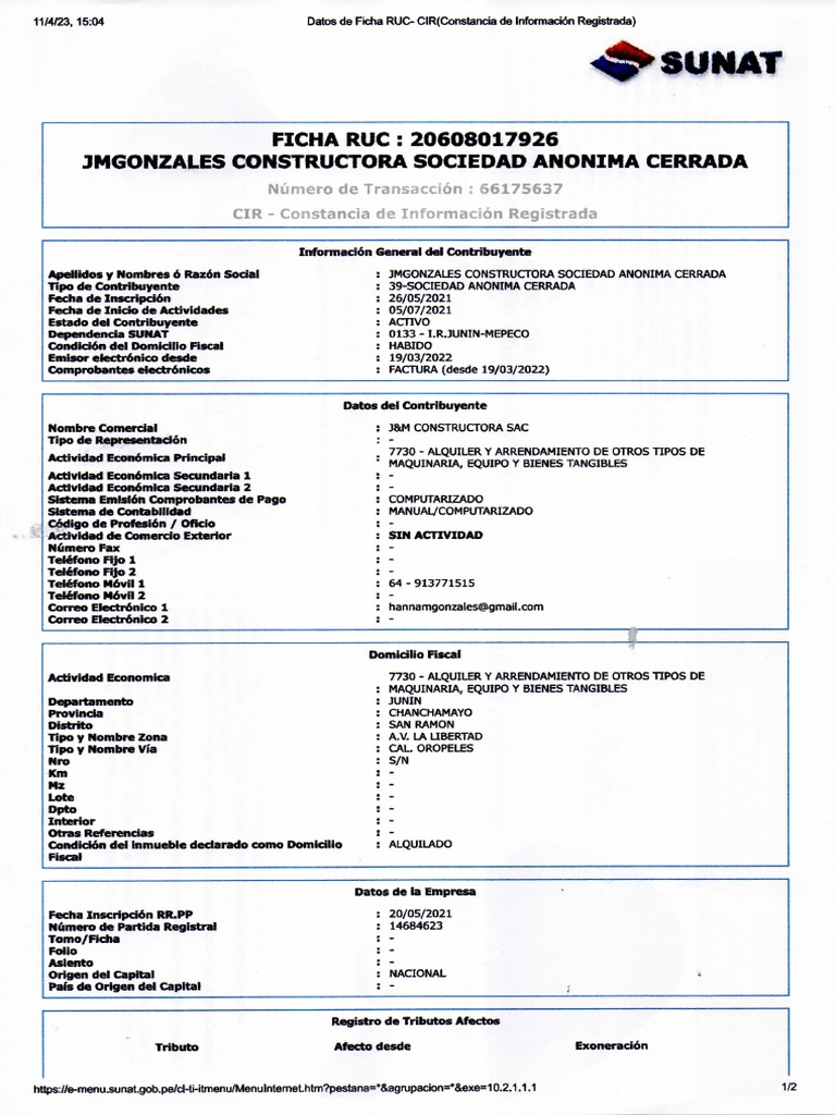 Ficha Ruc Jmgonzales Constructora Sac | PDF
