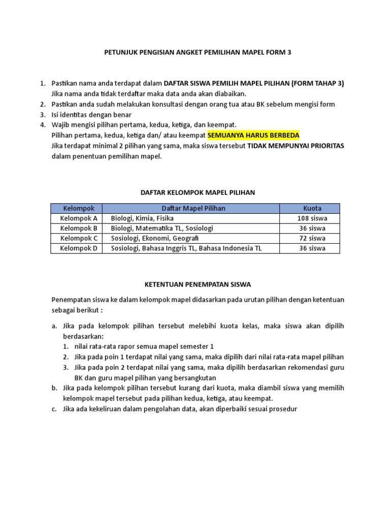 Petunjuk Pengisian Angket Pemilihan Mapel Form 3 | PDF