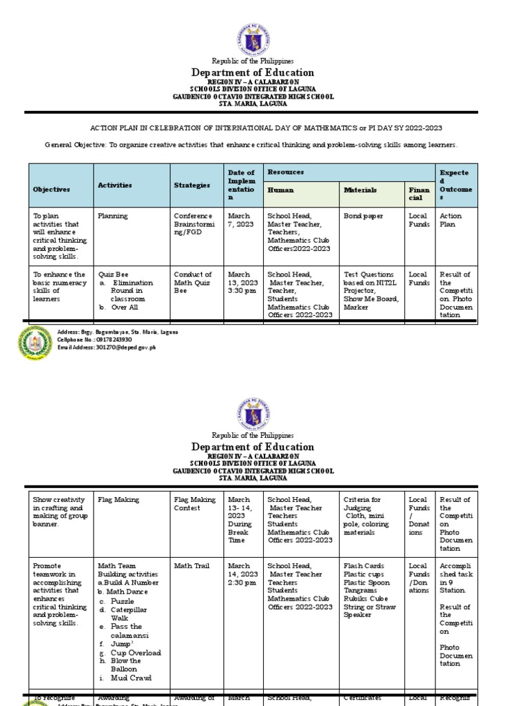 Action Plan in Celebration of International Day of Mathematics or Pi ...