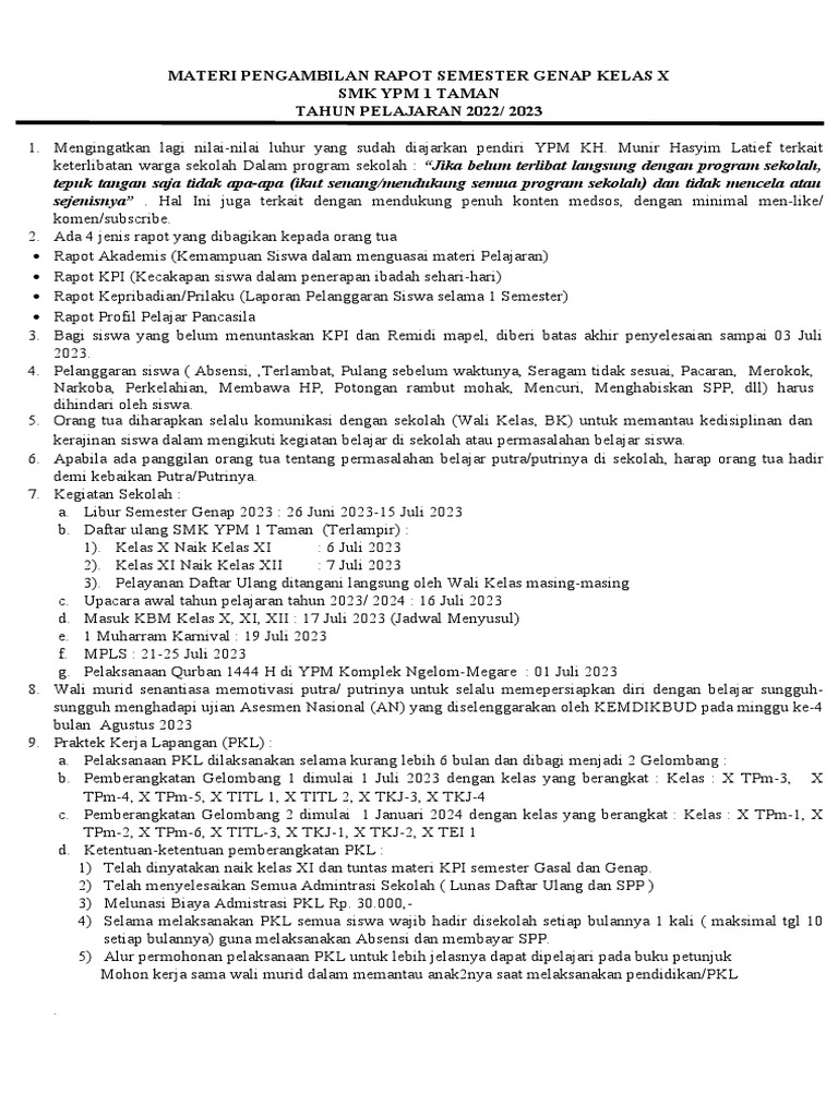 Materi Pengambilan Rapot Kelas X Tahun 2022-2023 | PDF