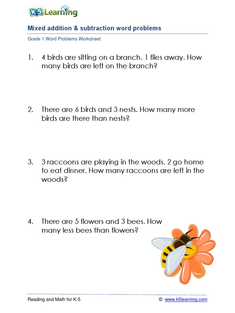 Grade 1 Addition Subtraction Word Problems Single Digits 2 | PDF