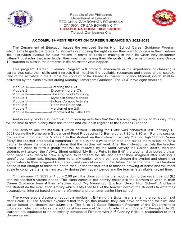 Career Guidance Accomplishment Report | PDF | Teachers | Curriculum