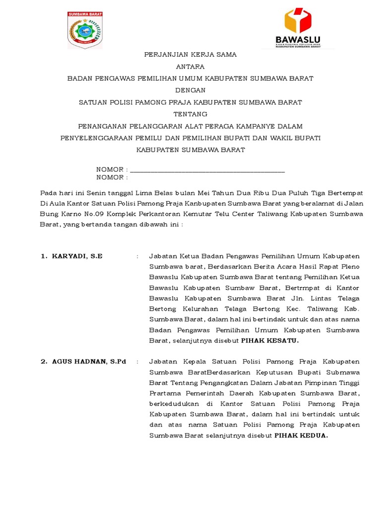 Perjanjian Kerja Sama Satpoll PP & Bawaslu | PDF