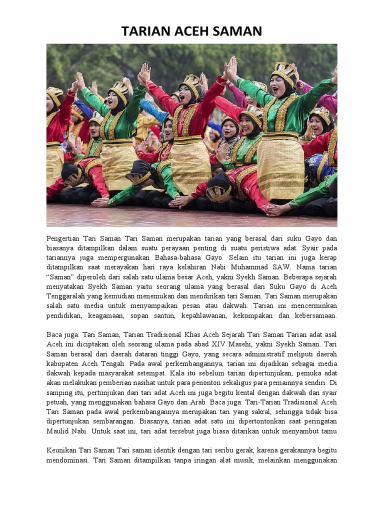 Pengertian Tari Saman Tari Saman merupakan tarian yang berasal dari ...