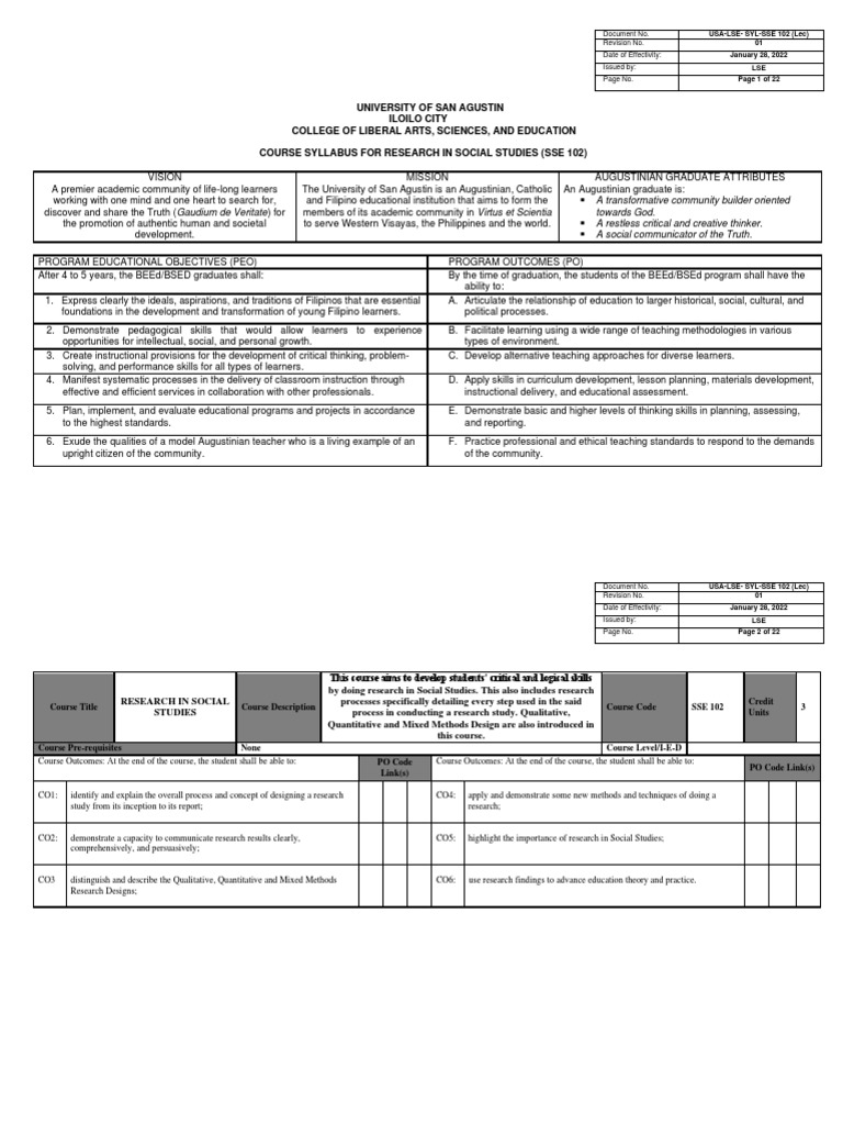 Sse 102 - Research in Social Studies Syllabus Edited and Final | PDF ...