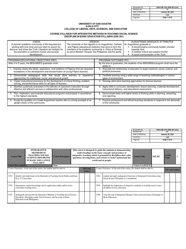 Sse 201 - Integrative Methods in Teaching Social Science Discipline in Basic Education Syllabus ...