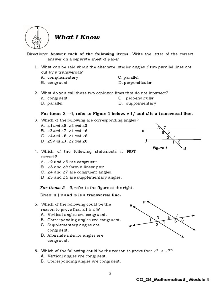 Math8 Q4 Mod4 1 | PDF | Angle | Elementary Mathematics