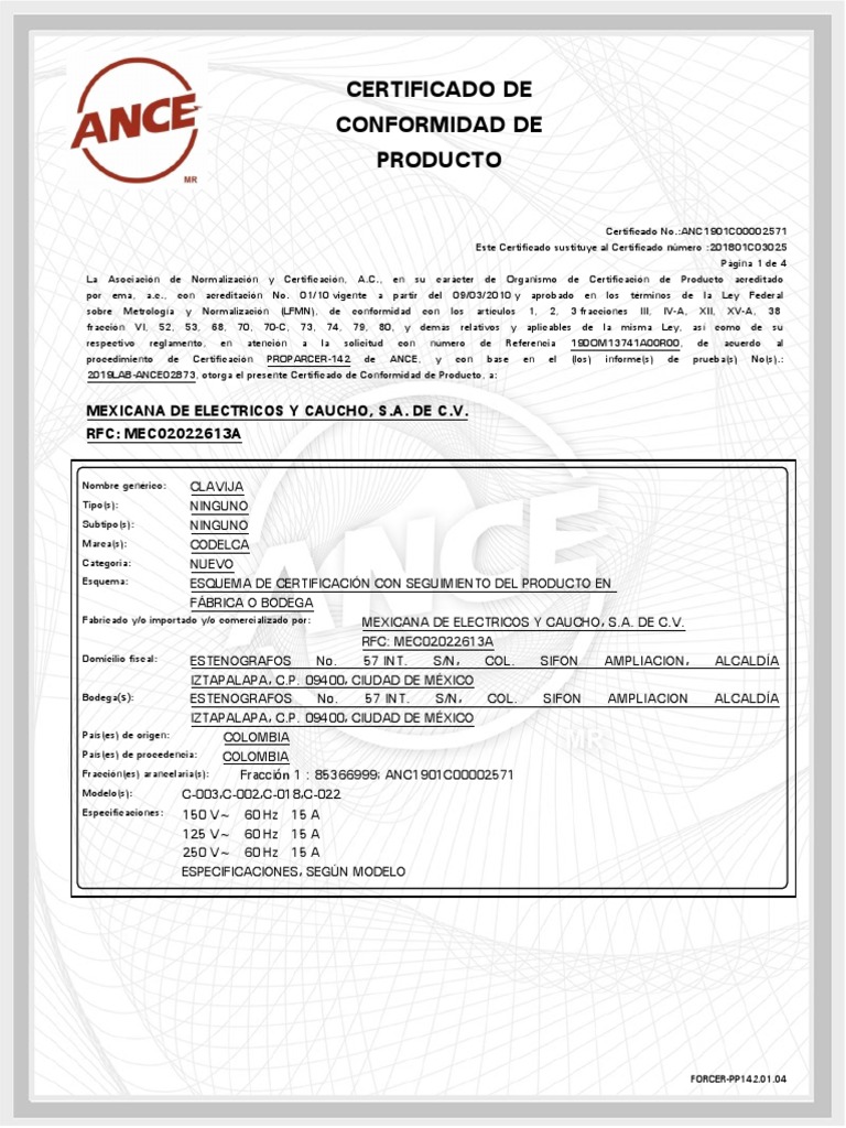 Certificado ANCE C-003 C-002 C-018 C-022 | PDF