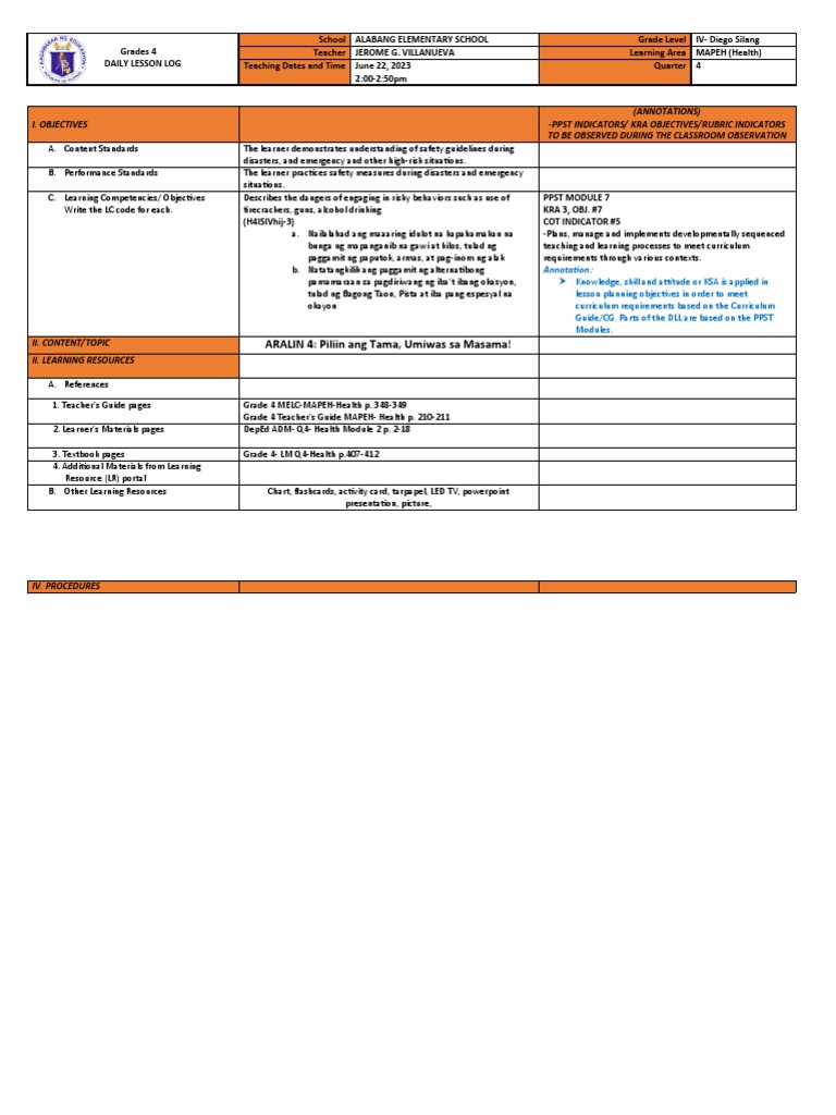 MAPEH Health Lesson Plan for Grade 4 | PDF | Curriculum | Learning