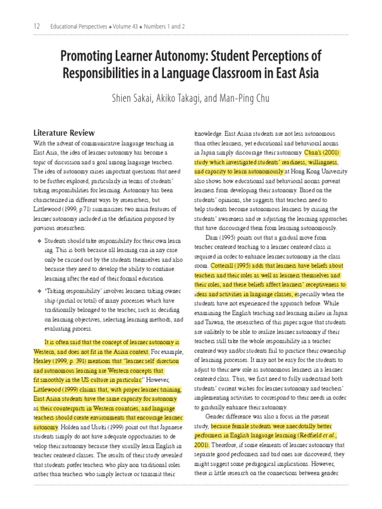 Promoting Learner Autonomy; Student Perception of Responsibilities in a ...