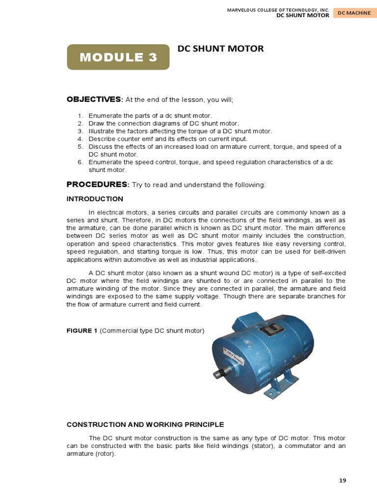 Module 3 - Shunt DC Motor | PDF | Electric Motor | Electromagnetic Induction