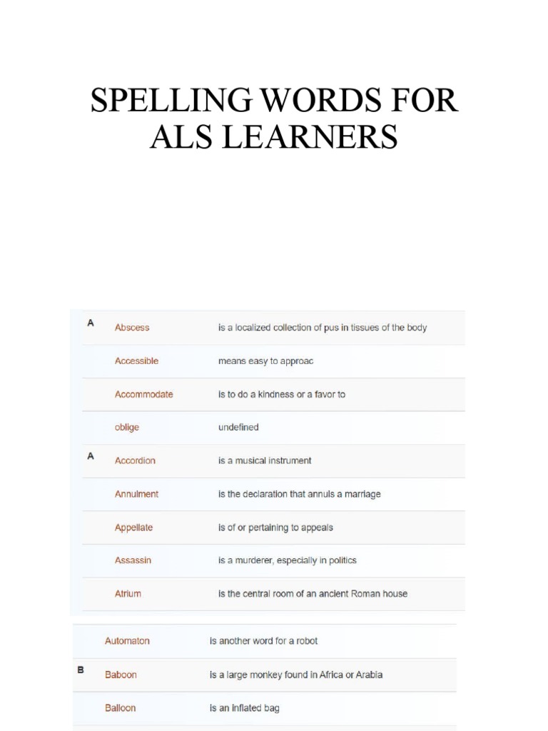 ALS Spelling Words | PDF