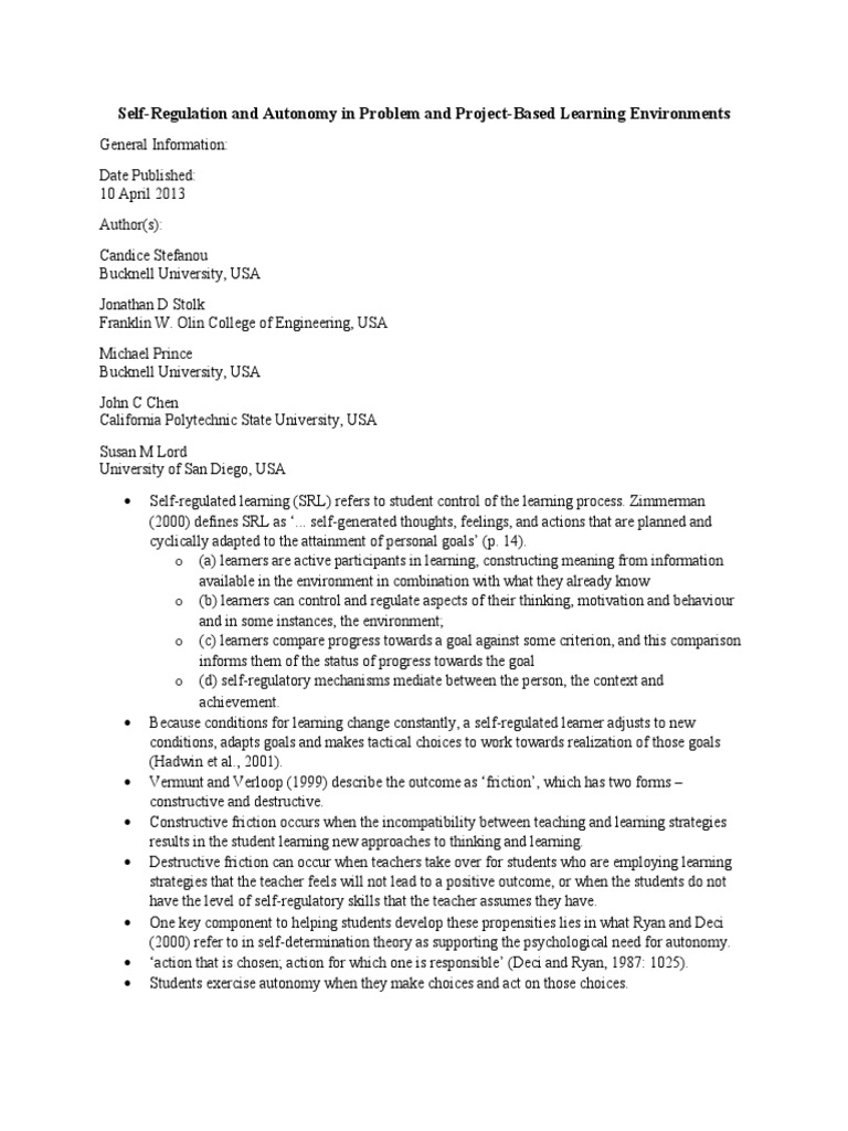 Self-Regulation and Autonomy in Problem and Project-Based Learning Environments | PDF ...