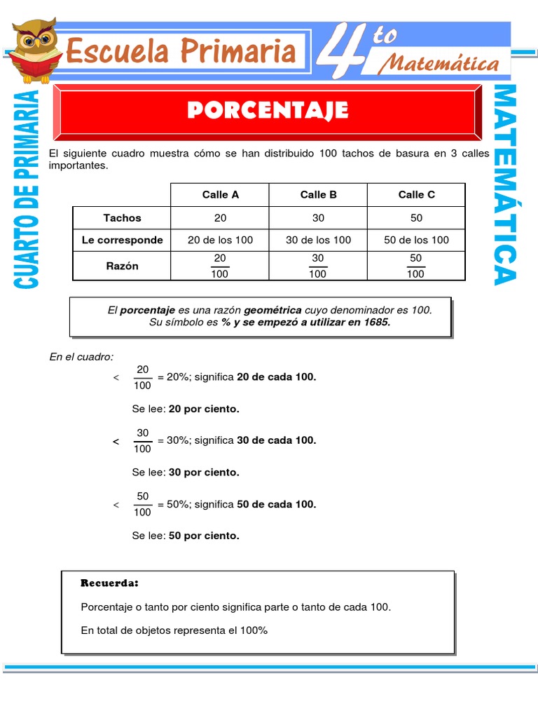 Definicion de Porcentaje para Cuarto de Primaria | PDF | Porcentaje ...