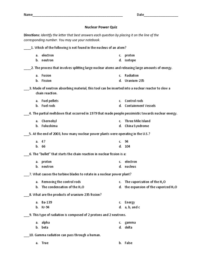 Nuclear Power Quiz | PDF | Nuclear Power | Nuclear Reactor