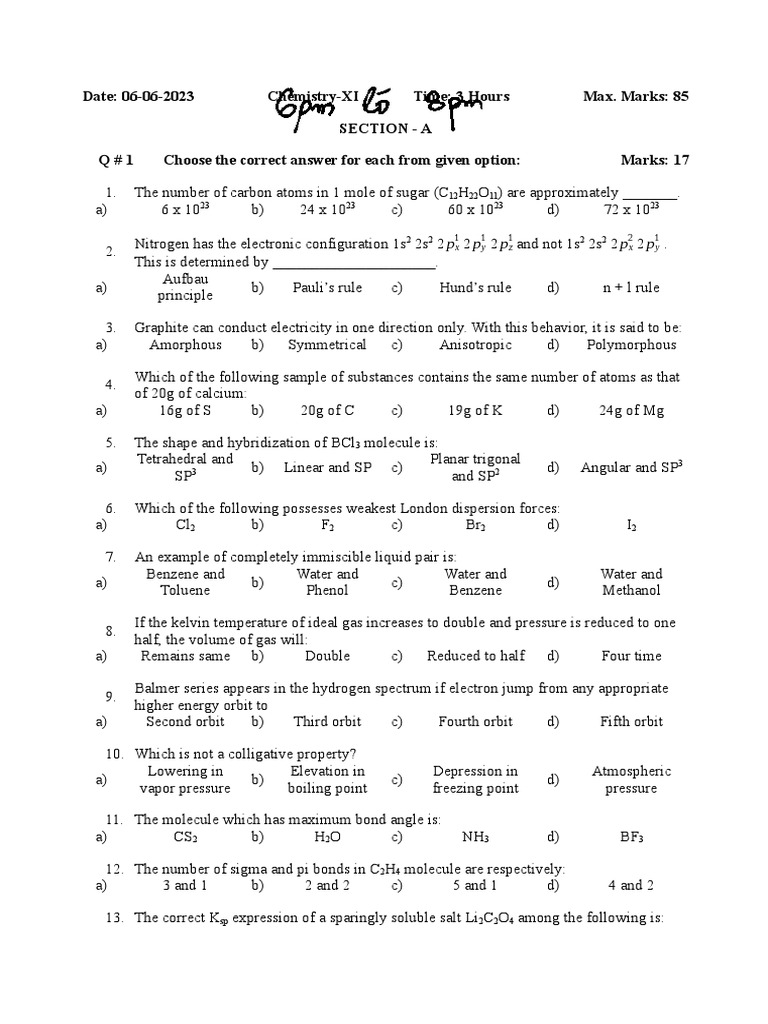 Chemistry XI STBB MOC 2023 | PDF | Chemical Bond | Ph