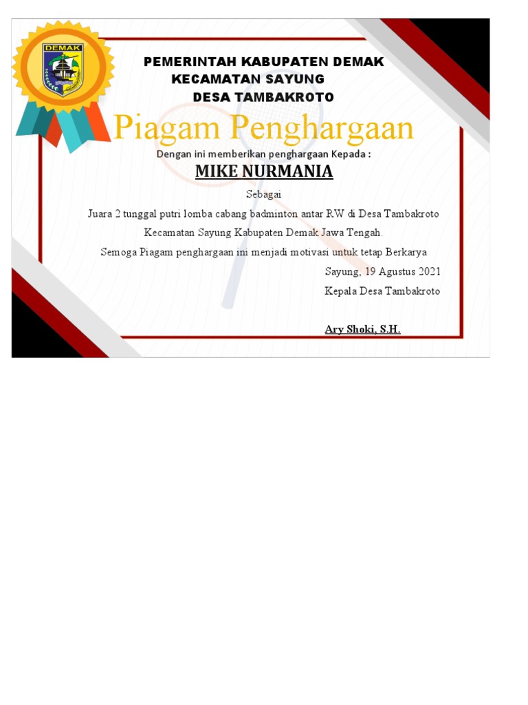 Piagam Badminton Desa | PDF
