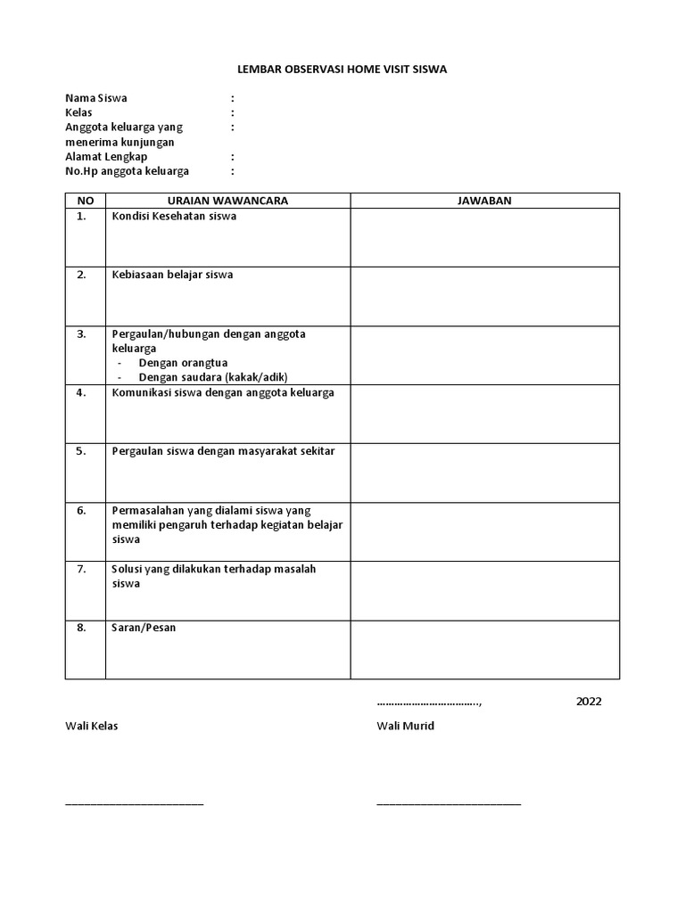 Lembar Observasi Home Visit Siswa | PDF