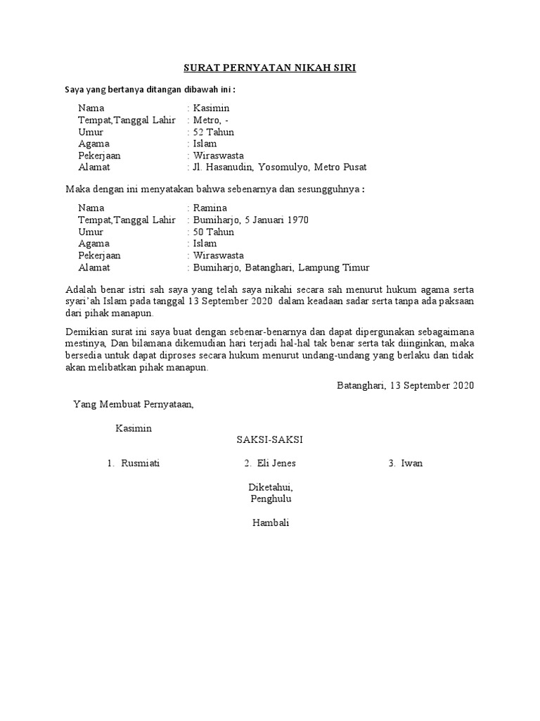 Contoh Surat Nikah Siri | PDF