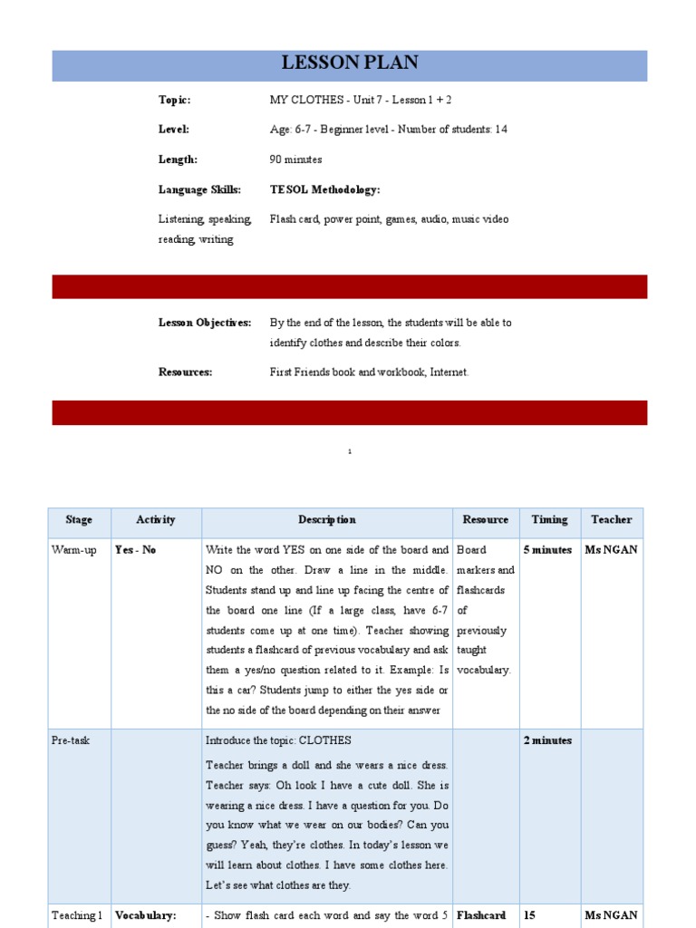 Grade 1 Lesson Plan: Clothes | PDF | Flashcard | Learning