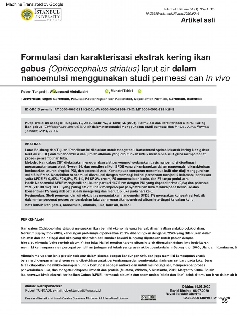 Formulasi Dan Karakterisasi Ekstrak Kering Ikan Gabus (Ophiocephalus Striatus) Dalam Nanoemulsi ...
