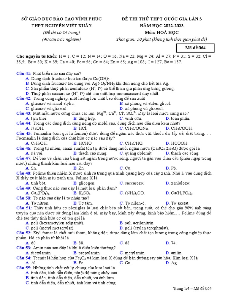 64. ĐỀ THI THỬ TN THPT 2023 - MÔN HÓA HỌC - THPT Nguyễn Viết Xuân - Vĩnh Phúc (Lần 3) - Bản word ...