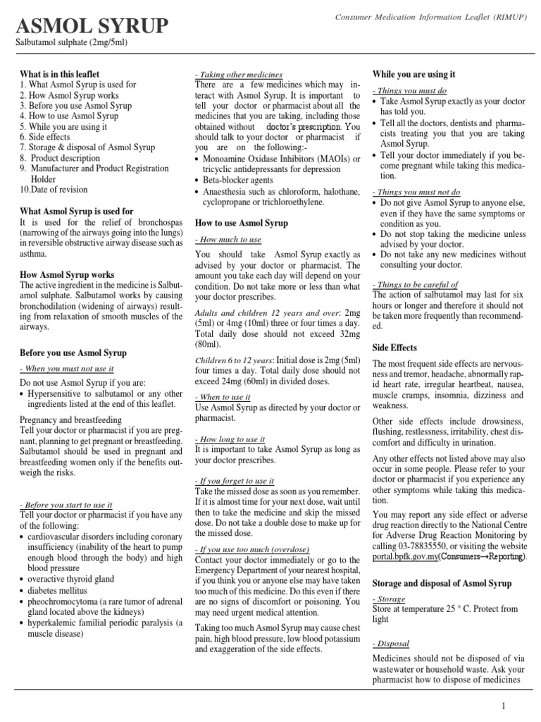 Asthma Relief: Asmol Syrup Guide | PDF | Clinical Medicine | Medical ...