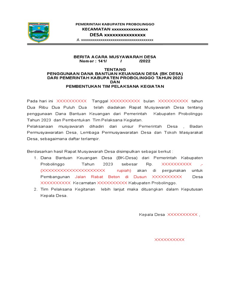 Contoh Berita Acara Dan SK Pembentukan Panitia Pembangunan Desa | PDF