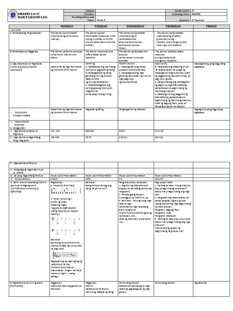 Grade 4 DLL MAPEH 4 Q4 Week 8 | PDF