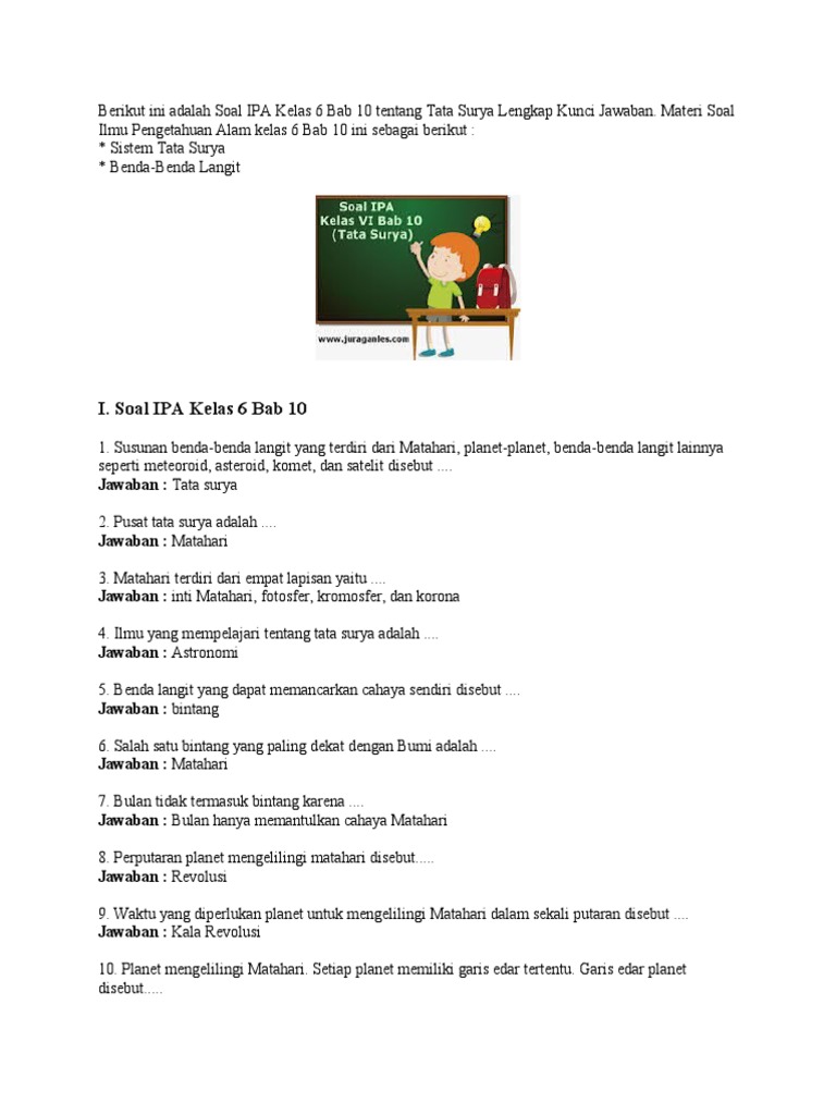 Soal IPA Kelas 6 Bab 10 Tentang Tata Surya Lengkap Kunci Jawaban | PDF