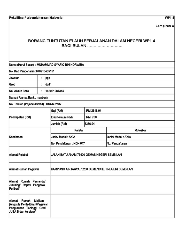 Tuntutan Elaun Perjalanan WP1.4 | PDF