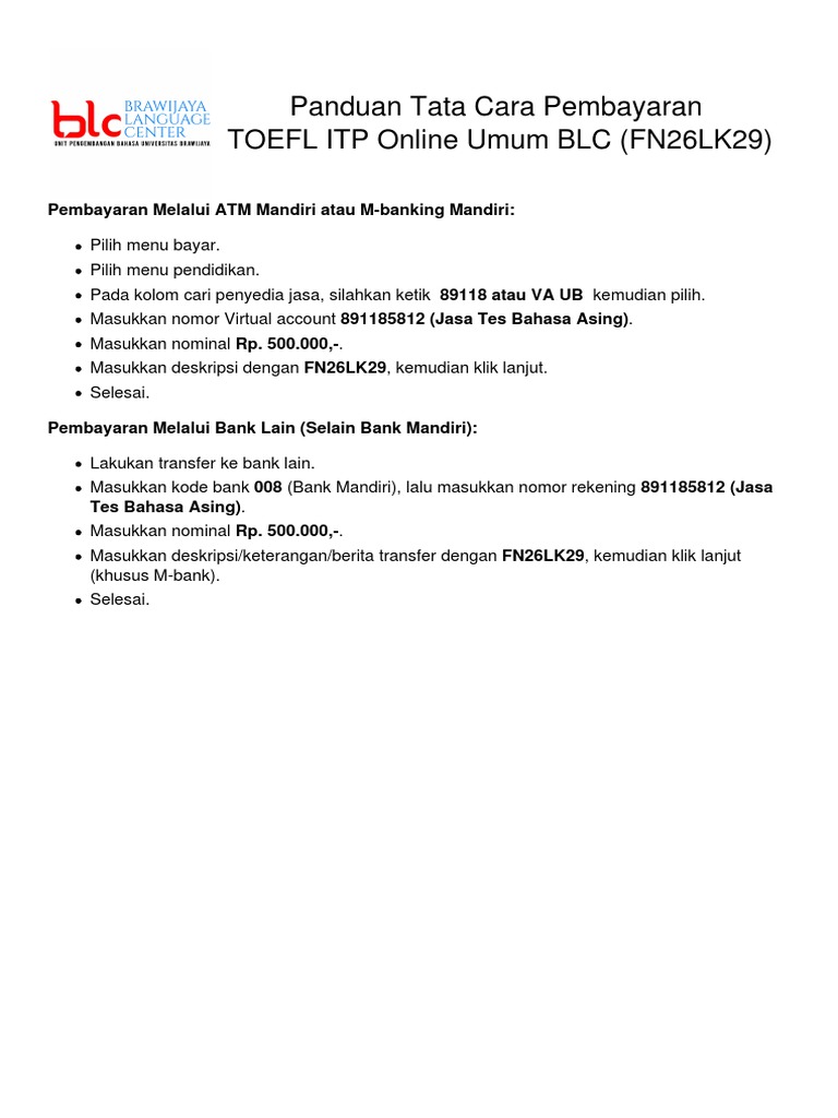 Panduan Pembayaran TOEFL ITP Online Umum BLC (FN26LK29) | PDF