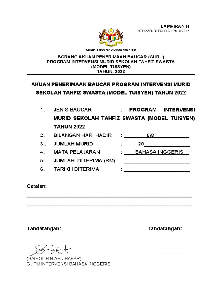 Lampiran H - Borang Akuan Penerimaan Baucar Model Tuisyen | PDF