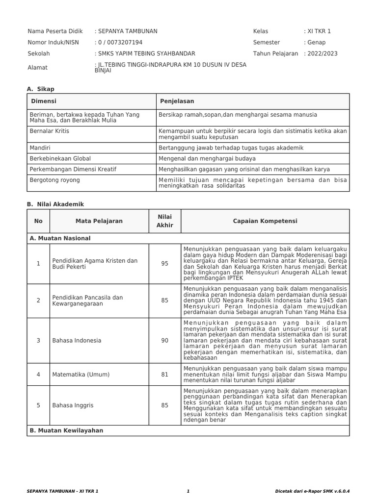 Rapor Sepanya Tambunan - Xi TKR 1 | PDF