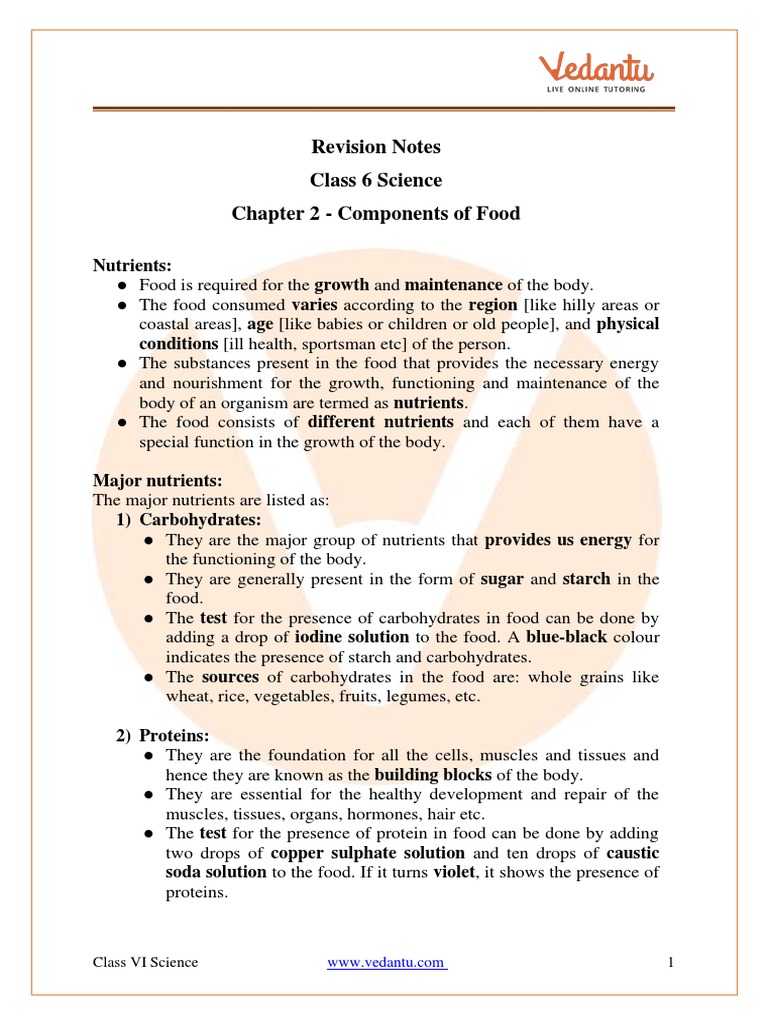 Class 6 Science Chapter 2 Revision Notes | Download Free PDF | Foods ...