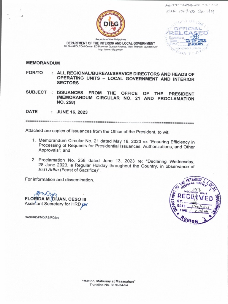 Issuance of the Office of the President (Memorandum Circular No. 21 and ...