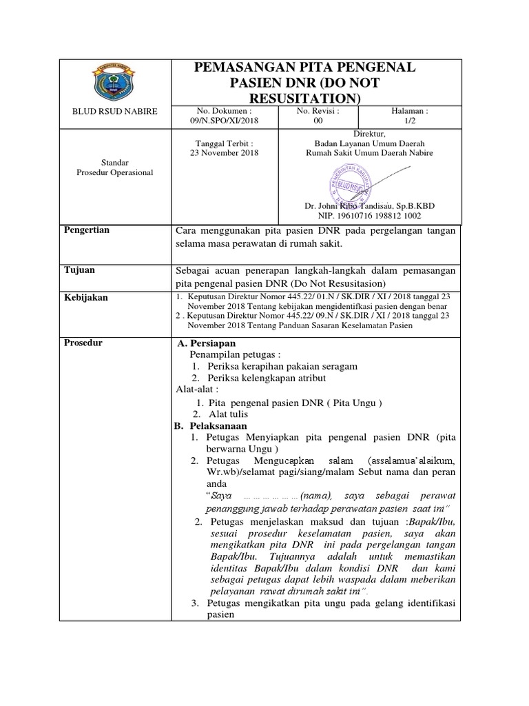 Sop Penggunaan Pita Identifikasi Pasien DNR | PDF