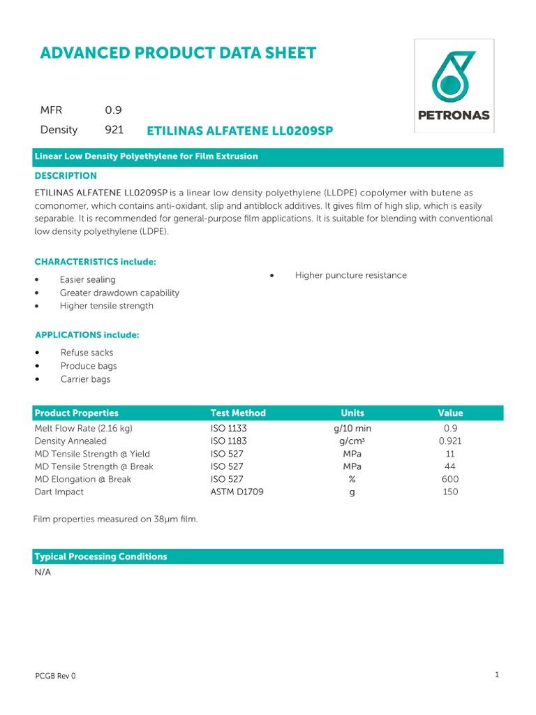 LL0209SP - v1.0 - LLDPE MI 1 Petronas - Etilinas Alfatene | PDF