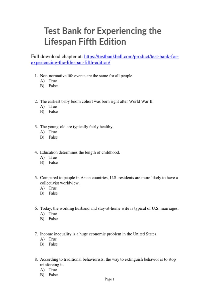 Test Bank For Experiencing The Lifespan Fifth Edition | PDF | Life ...