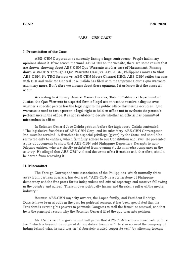 Abs-Cbn Case (Pjar) | PDF | Justice | Crime & Violence