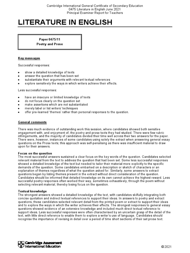 Examiner S Report Igcse Literature 2021 | PDF | Poetry | Essays