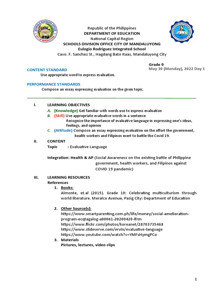 Lesson Plan COT 2 - Use Appropriate Word To Express Evaluation | PDF | Attitude (Psychology ...