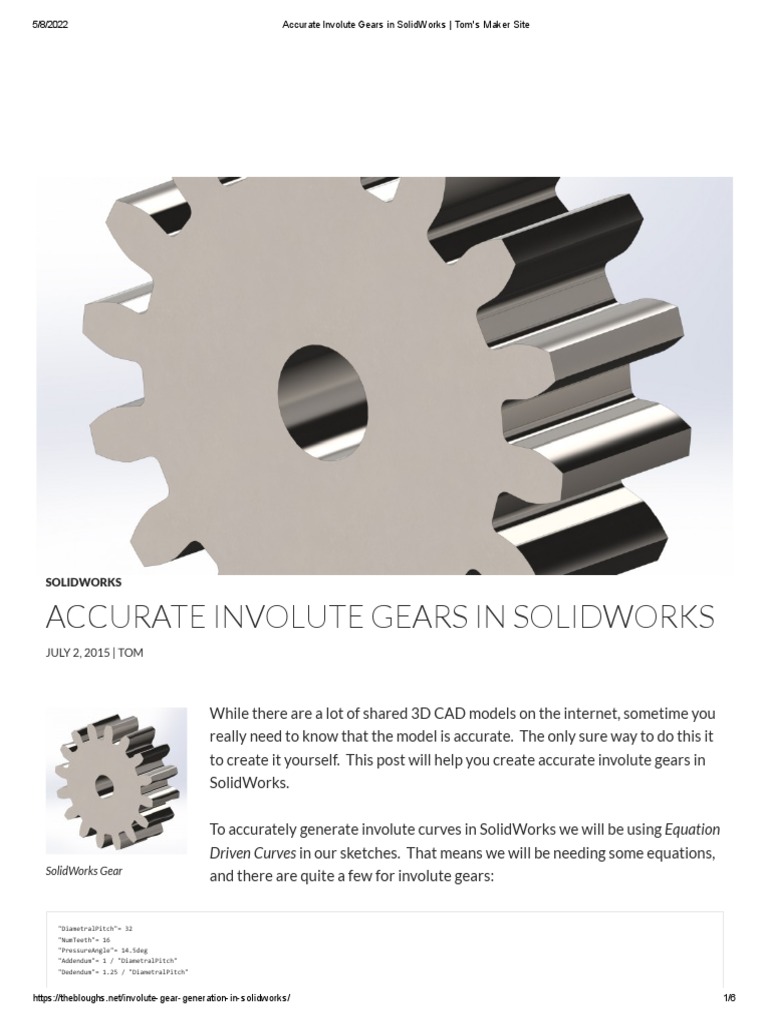 Accurate Involute Gears in SolidWorks - Tom's Maker Site | PDF | Gear ...