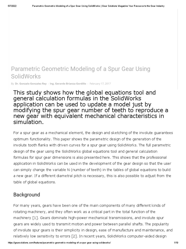 Parametric Geometric Modeling of A Spur Gear Using SolidWorks | PDF