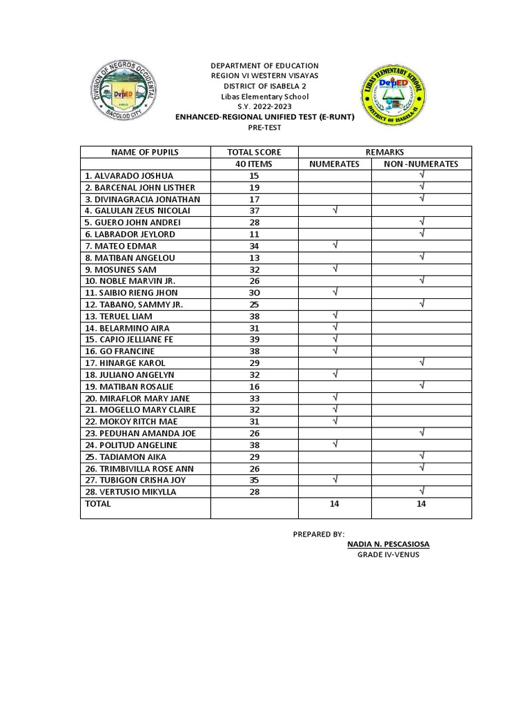 Grade IV E-RUNT Test Scores 2022-23 | PDF