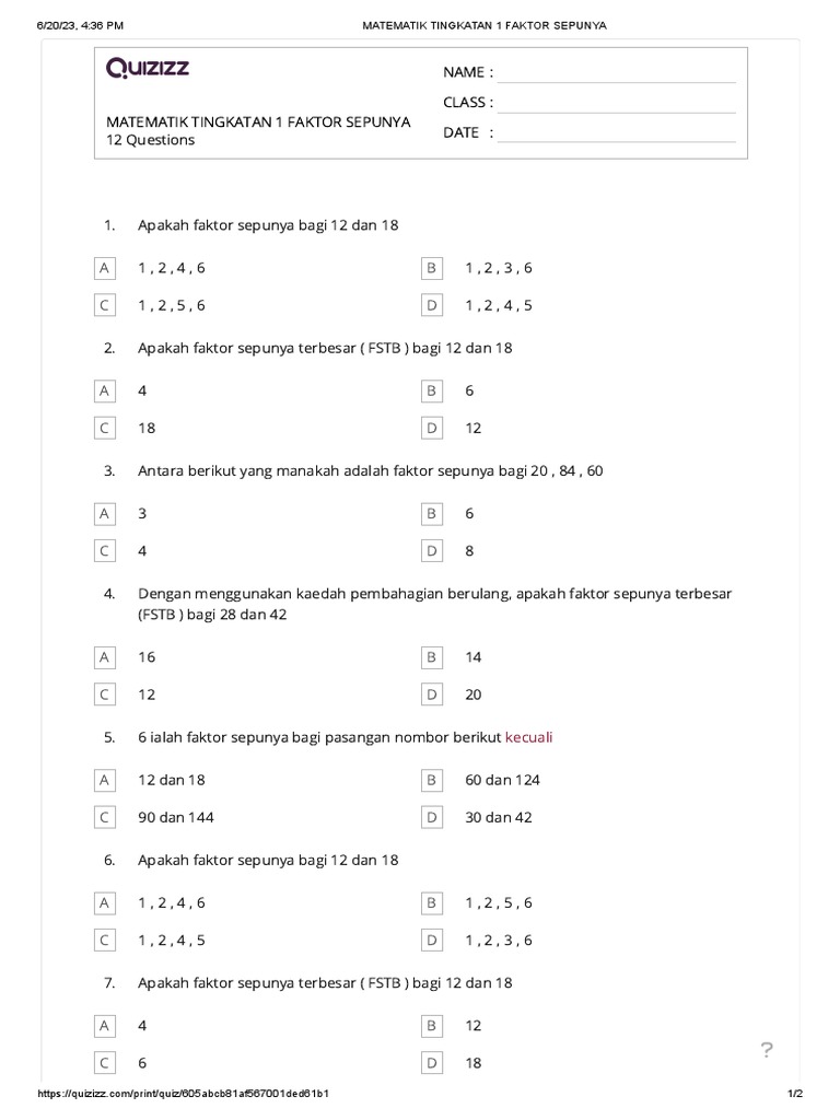 Matematik Tingkatan 1 Faktor Sepunya | PDF